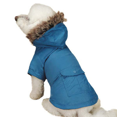 Winter Fur-Trimmed Dog Parka Blue Color waterproof and windproof for poodle
