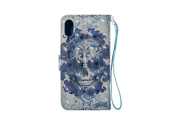 Navy Blue Skull Pu Leather Flip Case For IPhone X Full Cover Protection