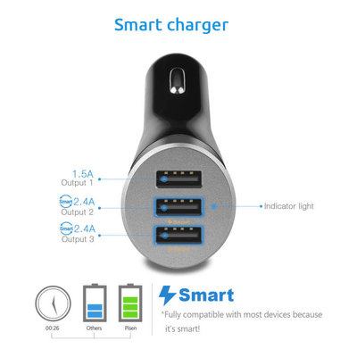 PISEN CE FCC Certification Mobile Phone Fast Charging Portable Wireless Universal 3 Port USB Car Charger
