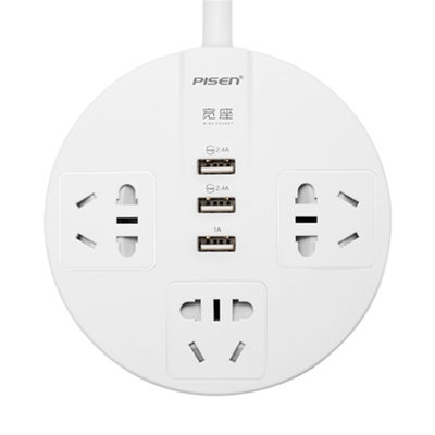 PISEN 3m 9.8ft Cable 3 Outles Power Strip With 1A 2.4 A 2.4A 3 Port USB Charger
