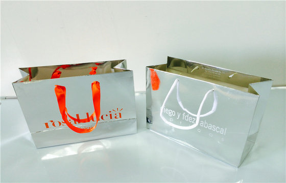 Gloss Debossed Finish Paper Shopping Bags With Satin Handle / Logo Printed