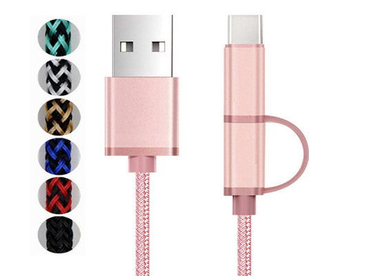 2 In 1 100cm Braided Micro USB Cable With USB C Connector Aluminum Housing