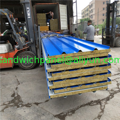 fireproof 50mm rock wool roof sandwich panel 960-50-0.376mm blue steel sheet up