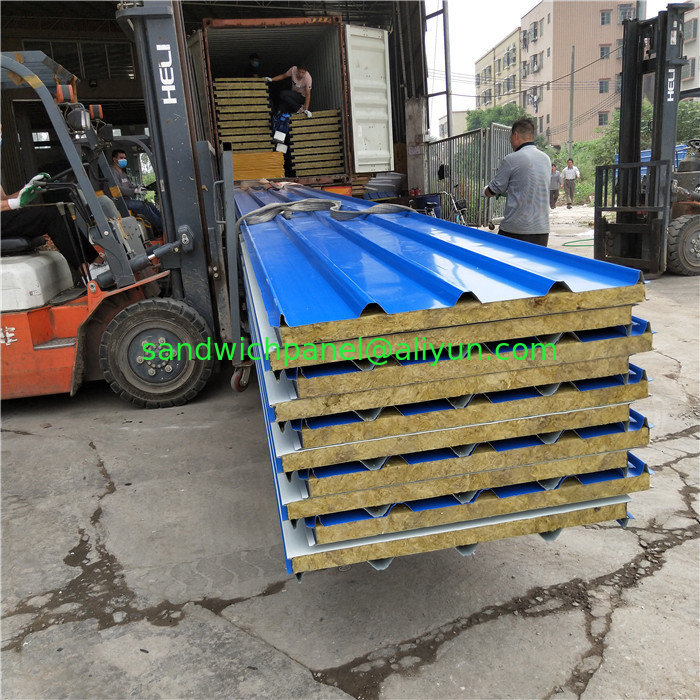 fireproof 50mm rock wool roof sandwich panel 960-50-0.376mm blue steel sheet up