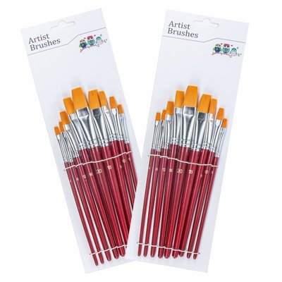 Red Wood Handle Flat Tip Nylon 9pcs 20# Artist Paint Brush Set