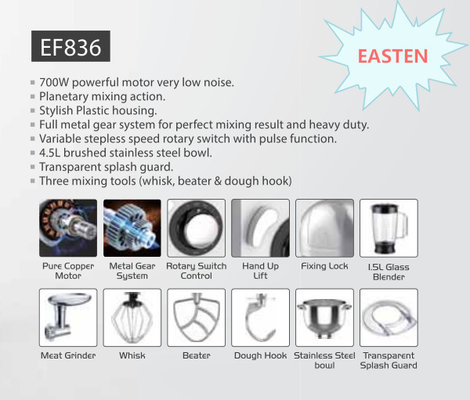 Easten 3-in-1 Multi-function Planetary Stand Food Mixer with Meat Grinder/ 700W Kitchen Mixer Machine