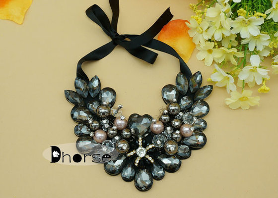 Black Bling Chunky Crystal Beaded Collar Necklace For Party Dress