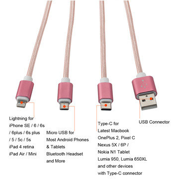 로즈 금 Usb 케이블, 나일론3에서 1 번개 마이크로 유형 C는 USB 빠른 위탁 케이블 코드를 땋았습니다