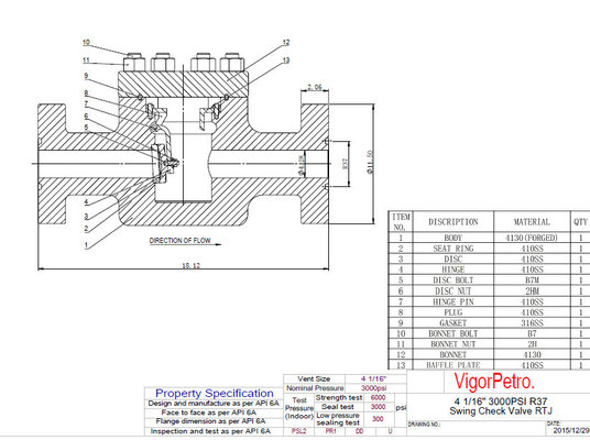 Swing Type Check Valve 4-1/16" 3000PSI, API 6A RTJ, DD/EE, PSL2/2, U