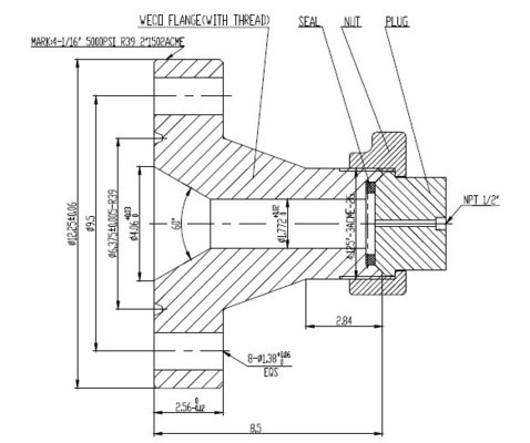FLANGE 4 1/16 5K R39 X WECO 2 "FIG. 1502 BOX COMPL. PLUG WIRE. 1/2" NPT