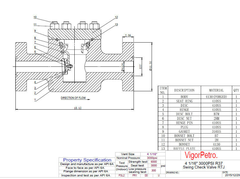 Swing Type Check Valve 4-1/16" 3000PSI, API 6A RTJ, DD/EE, PSL2/2, U