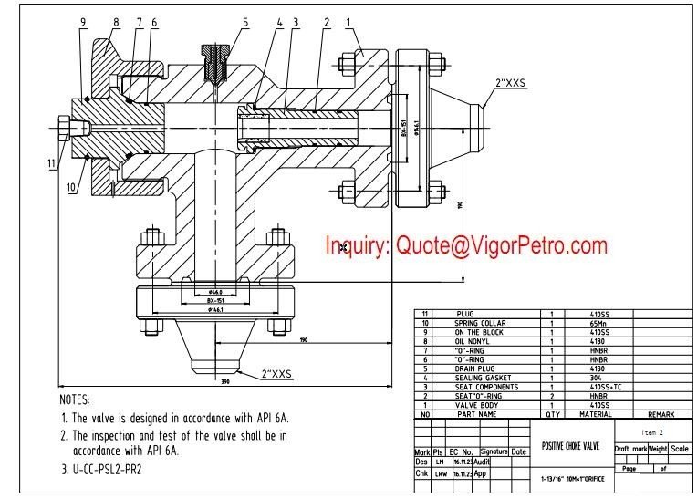 Positive Choke Valve Type Tee, 1-13/16" 10000PSI, PSL2 PR2 U CC API6A, c/w Weld Neck Flg