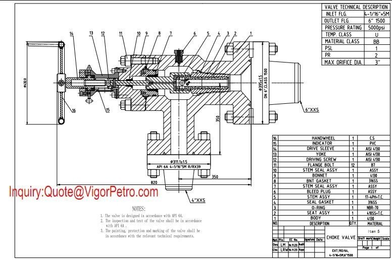 Adjustable Choke Valve, Tee/Cage/External Sleeve, 2-1/16" 5000PSI, API6A PSL1 PR2 U BB