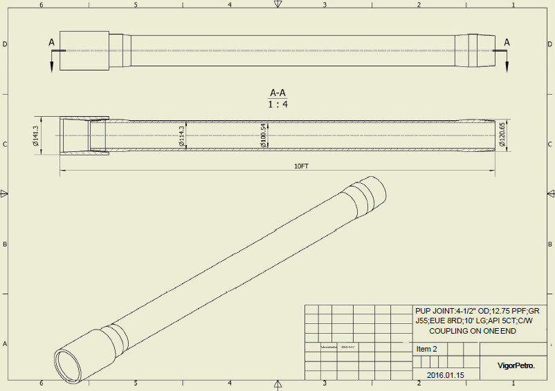 PUP JOINT 4-1/2" OD x 10' ft LG,12.75 PPF, GR J55,EUE 8RD,API 5CT;C/W COUPLING ON ONE END