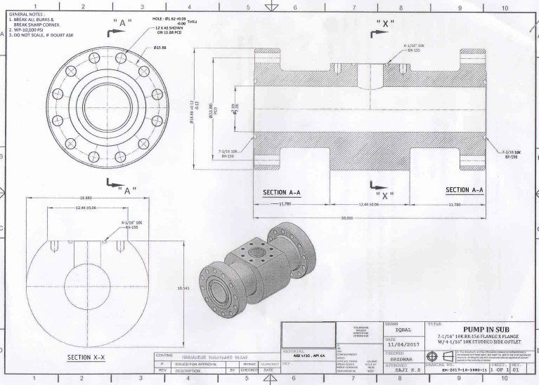Pump In Sub, 7 1/16" flange (top and bottom connection) x 4 1/16" side connection, 5 feet