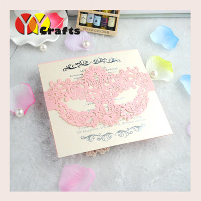 Unique design pink color mask shape vintage lace wedding cards with printing