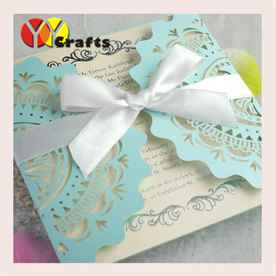 Blue wedding invitation card with ribbon paper simiple folded card