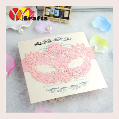 Unique design pink color mask shape vintage lace wedding cards with printing