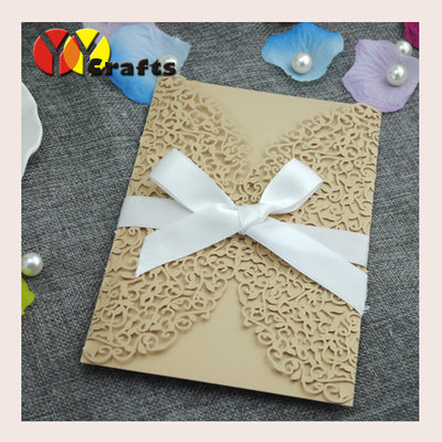 Wedding party invitation card design laser cut greeting cards with white ribbon