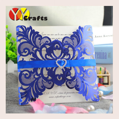 Elegant wedding invitation card metallic blue laser cut crown birthday card