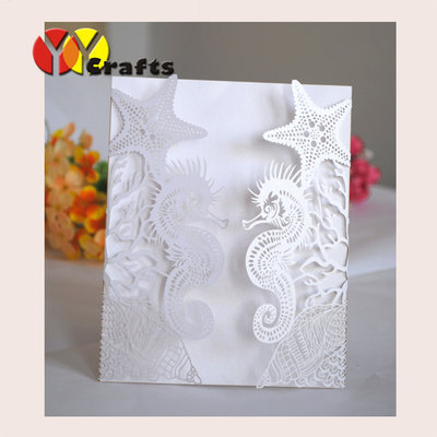 wedding invitation card  2015 new style luxurious sea horse white laser cut design 2015  greeting cards