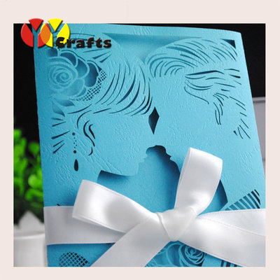 Green laser cutting wedding invitation cards with pocket for insert and white ribbon