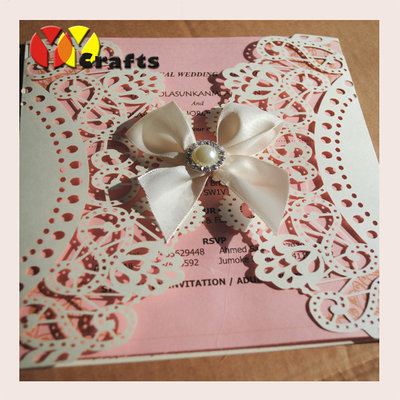 Simple Wedding invitation card , red pearl paper invitation card with tied butterfly ribbon