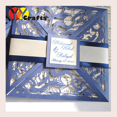 Sea blue Wedding Invitation Card with ribbon and custom printed samll card