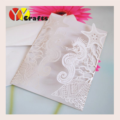 laser cut customized Beach Starfish Seashell Sea Horse wedding invitations tree with insert,envelope and seal