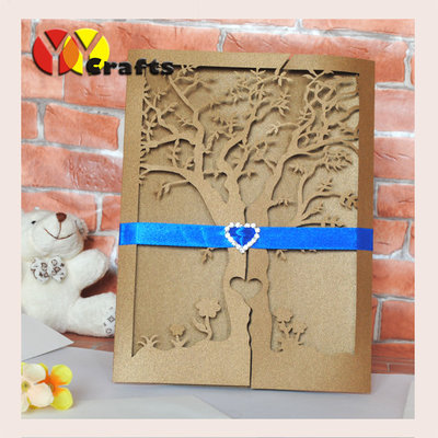 Marriage invitation card brown with tied ribbon Promotional European Laser Cut Emboss