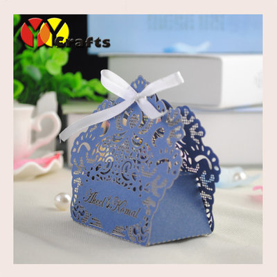 Red And Blue Lace Laser Cut Boxes Favors  , Wedding Candy Box With Free Name Logo