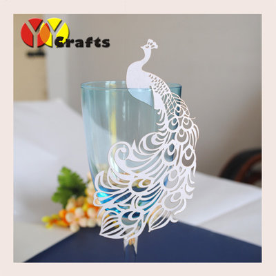Popular laser cut wedding place card white peacock on wine glass decorations