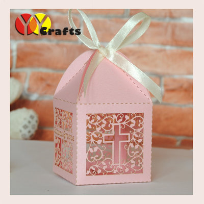 Pink Cross Favor Boxes  Wedding Candy Gift Boxes With Ivory Or White Free Ribbon