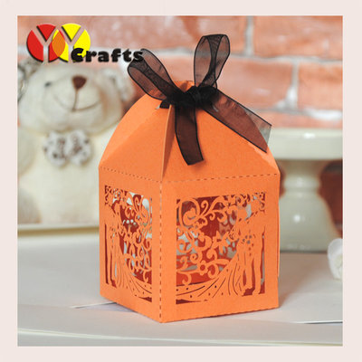 Free name logo 5*5*8.5cm small wedding chocolate packaging box laser cut wedding favor gift packaging box with ribbon