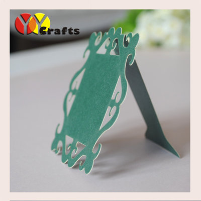 Folded table place card holder blackish green , wedding reception name cards