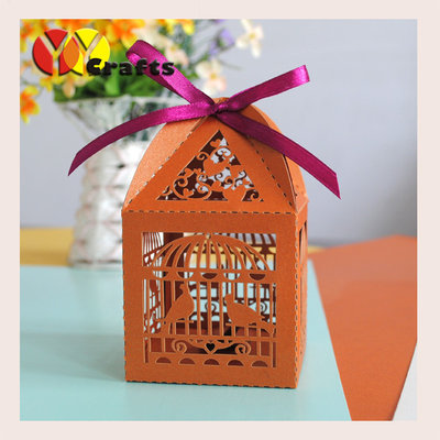 Free shipping pearl paper brown color DIY chocolate packaging box laser cut bird cage gift packaging box with ribbon