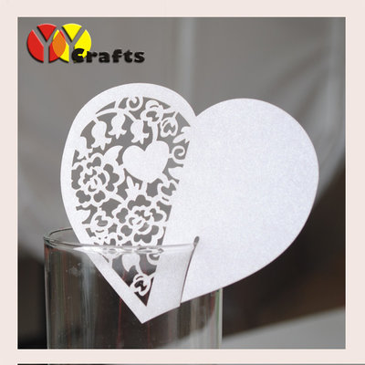 Paper heart shape wine glass place cards white with laser cut flowers