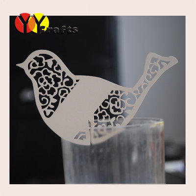 Lace bird on wine glass place cards , Laser Ivory Printable Place Cards