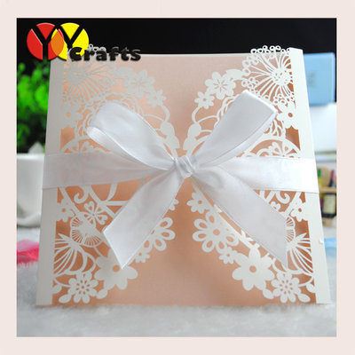 Creative wedding invitation card laser cut flowers with name logo cream pearl paper