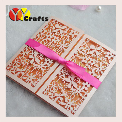 Elegant design pearl paper laser cut lace invitation card with ribbon for Wedding , Party