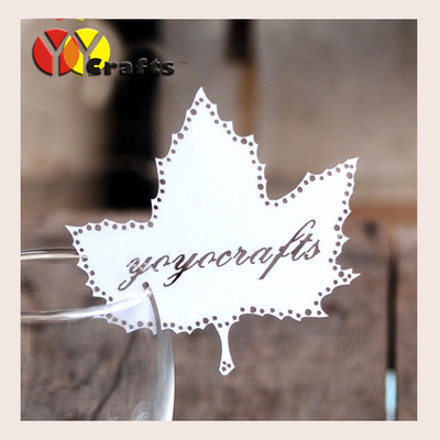 white leave Laser cut place cards on wine glass with your names
