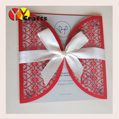 wedding invitation card red pearl paper invitation card with tied butterfly ribbon Promotional European Laser Cut Emboss