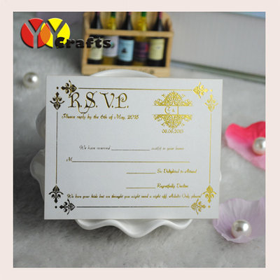 White Birthday / Wedding Rsvp Card With Gold Foil Printing Cream