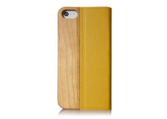 Yellow Real Wood Apple Iphone Protective Cases , Leather Flip Cell Phone Case