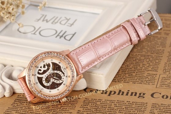 Analog Large Face Womens Wrist Watches Leather  Pink Fashion Hand Wind Mechanical Wrist Watch