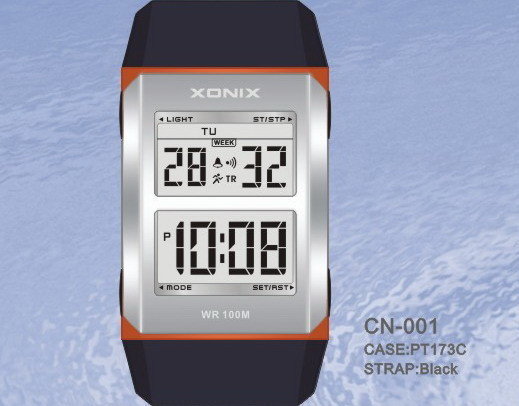 rectangular business Quartz Gents Digital Watch with two window bezel and 100m water resistant EL light & multi-functio